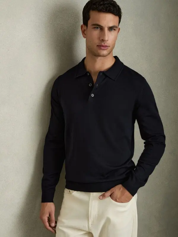 REISS Trafford Merino Wool Long-sleeve Polo Shirt - Navy