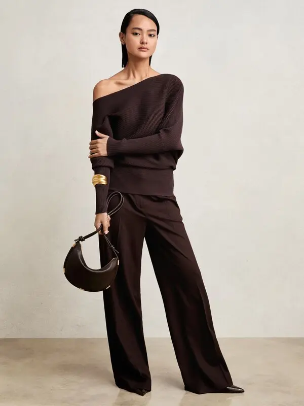 REISS Asymmetric Draped Knitted Jumper - Plum