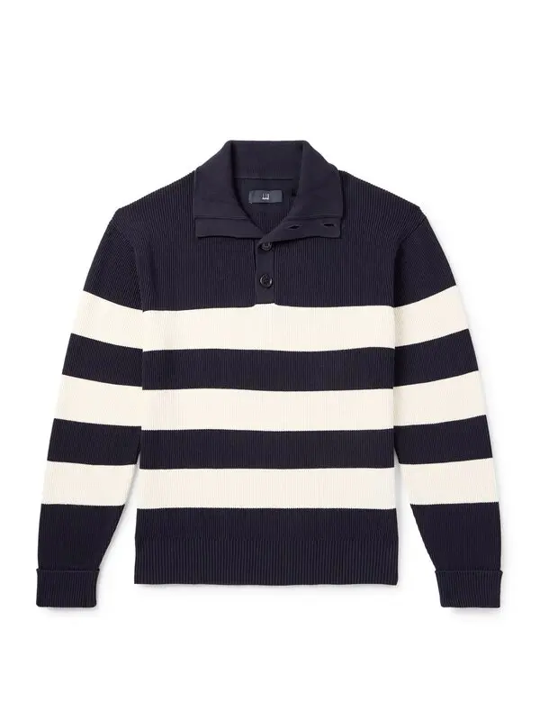 Dunhill Striped Ribbed Cotton Half-placket Sweater - Blue