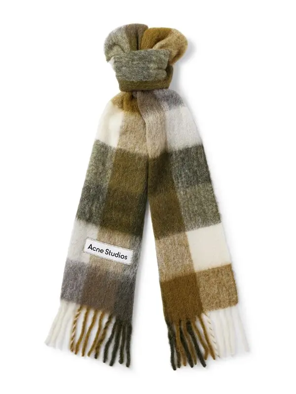 Acne Studios Vally Fringed Checked Knitted Scarf - Green