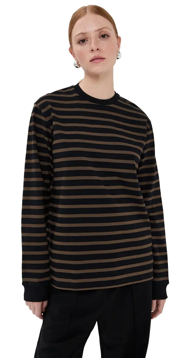 Tibi Striped Perfect Tee Crew Neck - Brown Multi