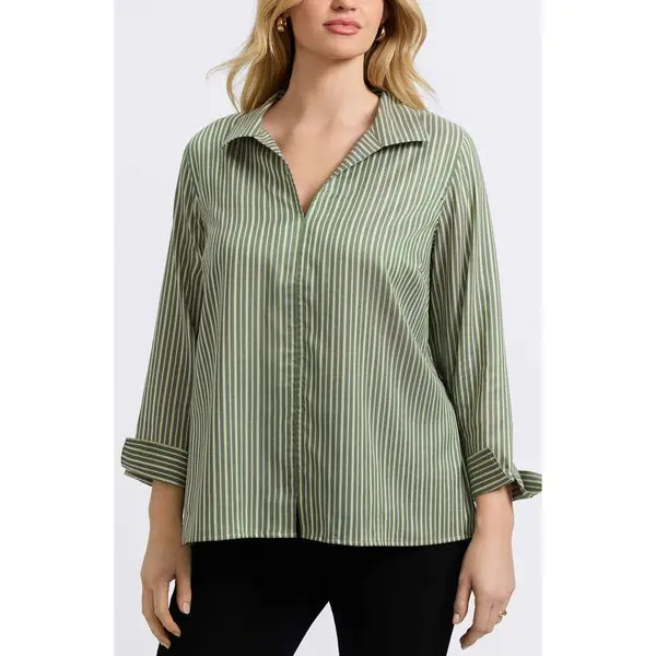 Foxcroft Agnes Stripe Three-quarter Sleeve Popover Top - Basil Multi