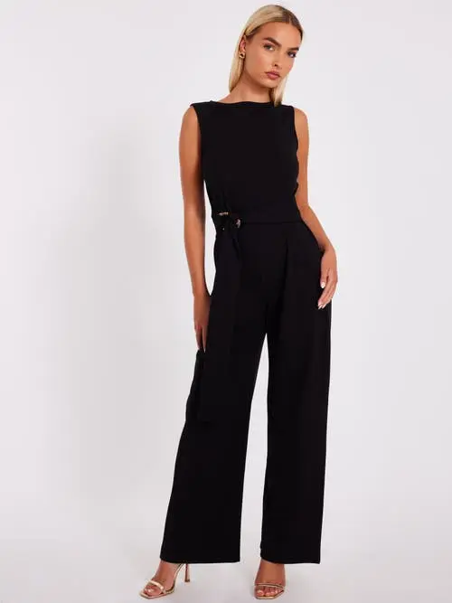QUIZ Scuba Crepe Wide Leg Jumpsuit With Gold Buckle - Black