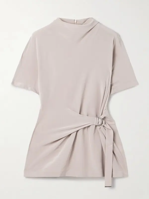 Brunello Cucinelli Buckle-embellished Draped Silk Crepe De Chine Top - Neutrals