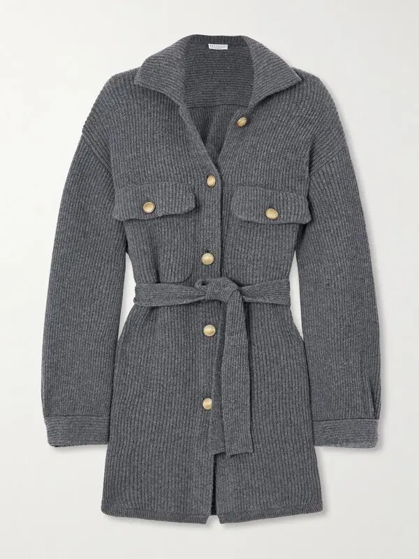 Brunello Cucinelli Belted Ribbed-knit Cardigan - Gray