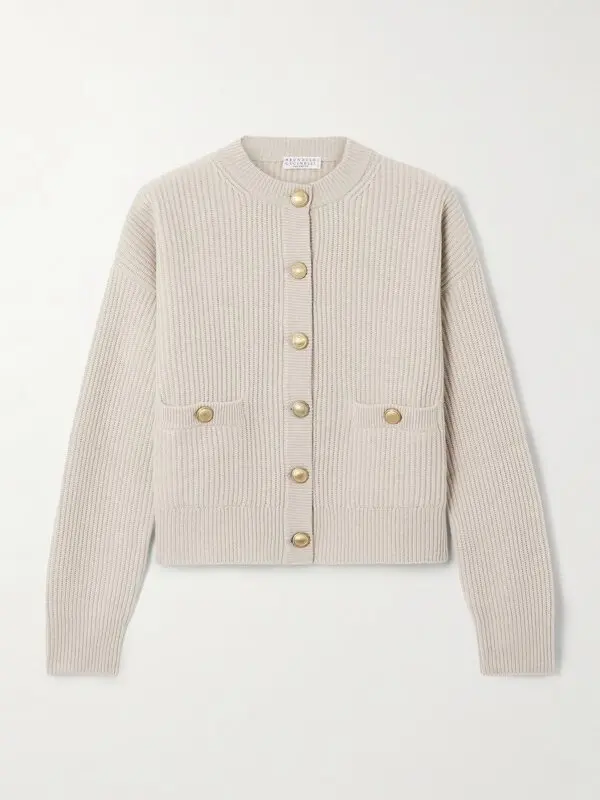 Brunello Cucinelli Ribbed Wool, Cashmere, And Silk-blend Cardigan - Neutrals