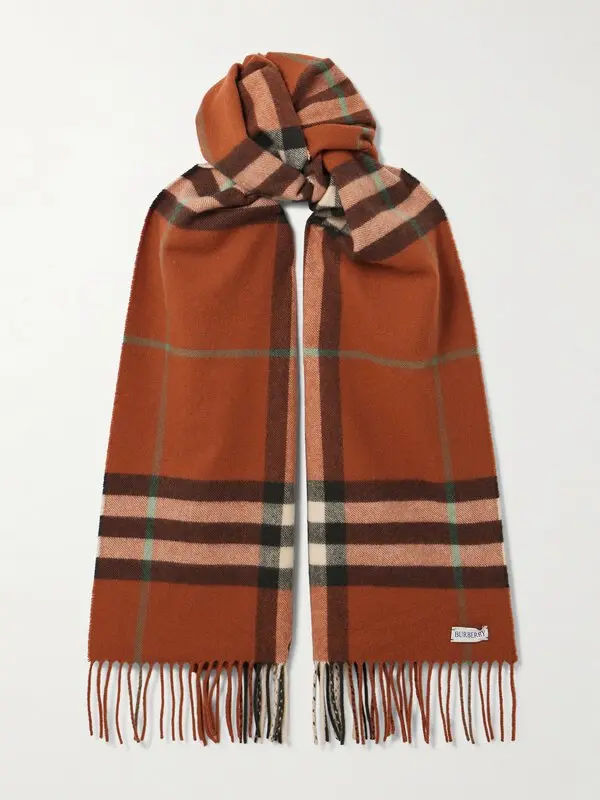 Burberry Fringed Checked Cashmere Scarf - Orange
