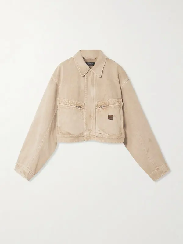 Balenciaga Cropped Distressed Appliquéd Denim Jacket - Neutrals