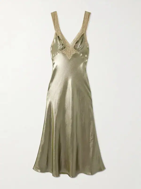 Saint Laurent Lace-Trimmed Gathered Maxi Dress - Gold | Editorialist