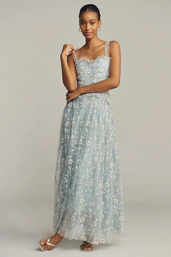 Anthropologie Sleeveless Tulle A-line Maxi Dress - Blue Pattern