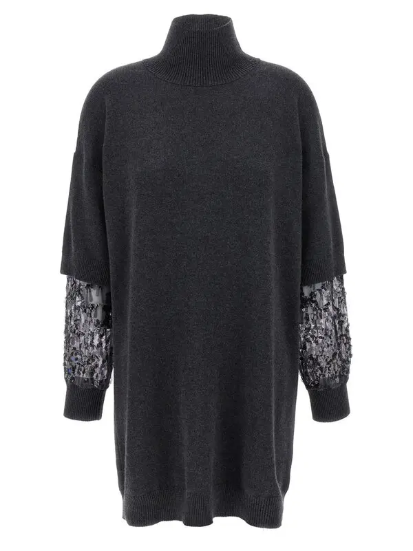 Brunello Cucinelli Sequin Sleeve Mini Dress - Gray
