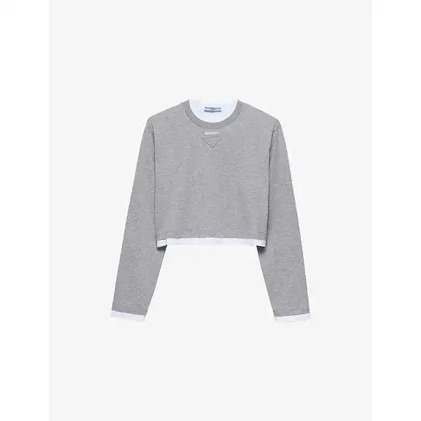 トップス PRADA Triangle Patch Border LS/TEE Prada Triangle Appliqué Long-Sleeve Cotton-Jersey T-Shirt In Grey