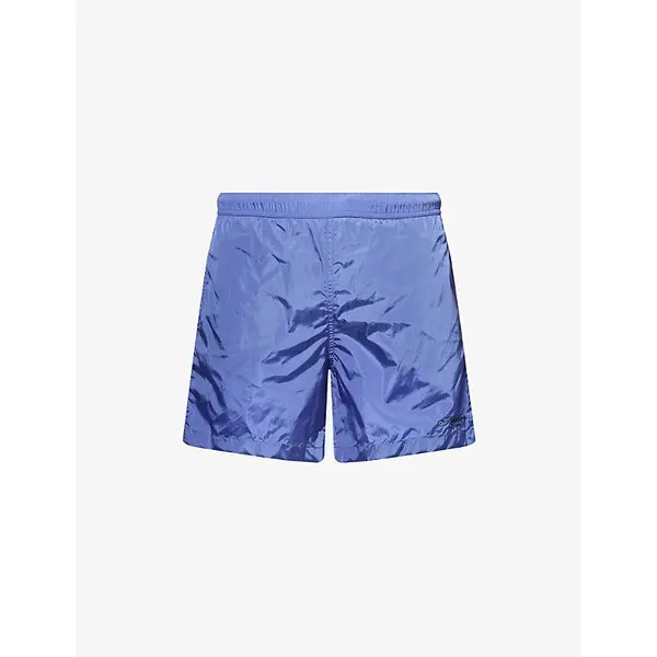 Moncler Relaxed-fit Swim Shorts With Embroidered Script - Medium Blue