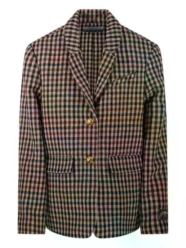 GANNI Gingham Check Buttoned Blazer - Brown