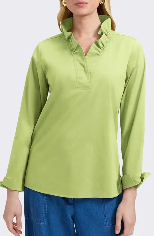 Foxcroft Tammy Ruffle Collar Cotton-blend Top - Celery