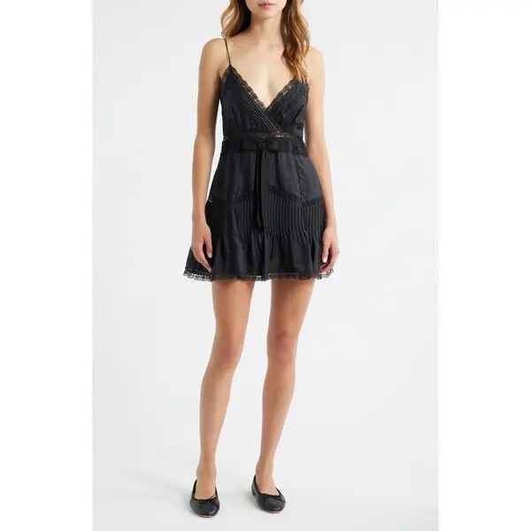 LoveShackFancy Sibelle Pleated Bodice Lace Inset Silk Minidress - Black