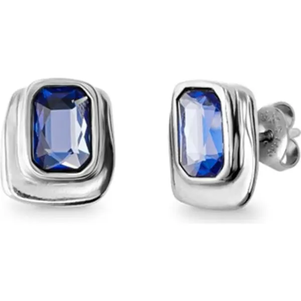 UNODE50 Rectangular Stud Earrings With Faceted Crystal - Silver