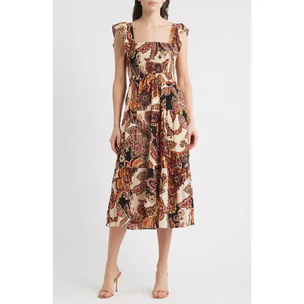 Vince Camuto Paisley Tiered Midi Sundress - Brown Mult