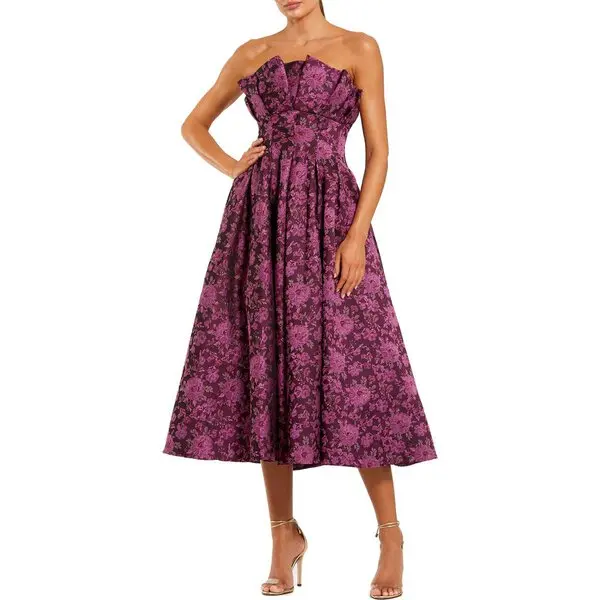 Mac Duggal Floral Brocade A-line Midi Dress - Magenta Multi