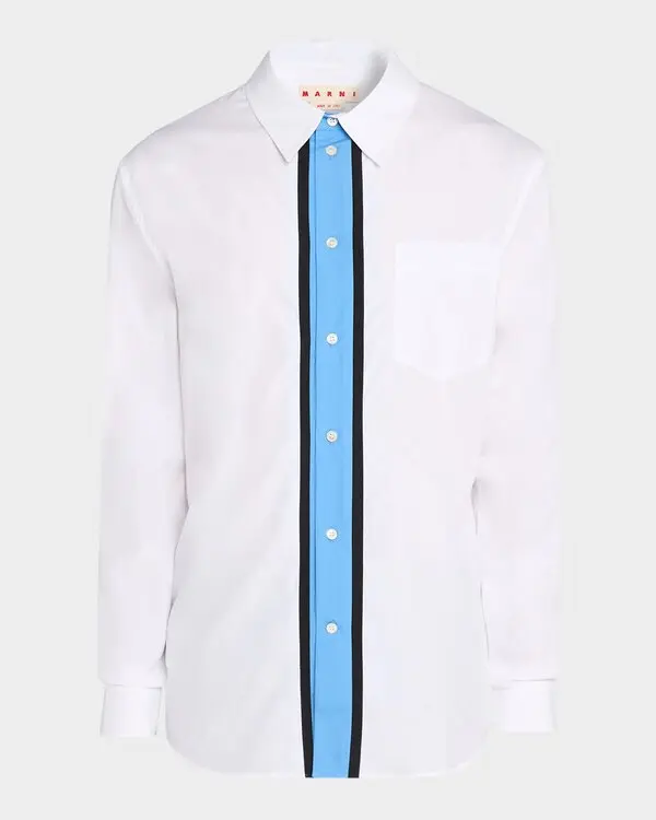 Marni Vertical Stripe Cotton Pocket Button-down Shirt