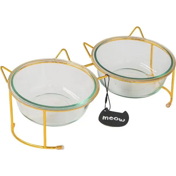 DEXYPAWS 2 Piece Elevated Glass Bowl Set For Cats Two 11.8oz Bowls