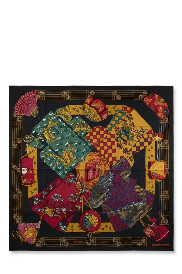 Hermès Black & Multicolor 'kimonos Et Inros' Silk Scarf 90