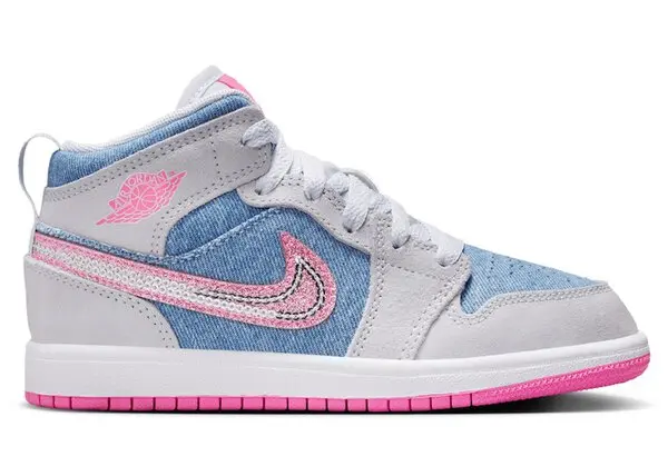 JORDAN 1 Mid Se Denim Sequin Sneakers - Cobalt Blue Bliss/white/pink Glow