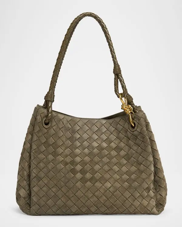 Bottega Veneta Large Parachute Intrecciato Suede Shoulder Bag - Cypress