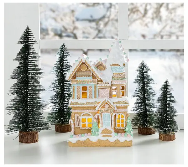 GLITZHOME 12' Led Lighted Christmas Resin Villa Ge Table Decor