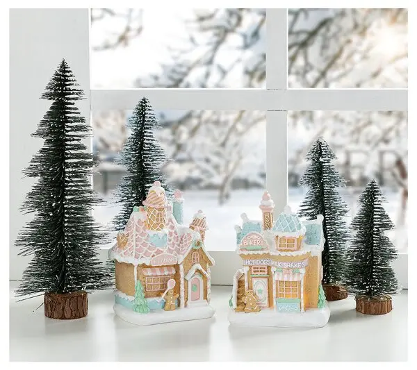 GLITZHOME 7'h Led Christmas Resin Village Table Decor Set Of 2