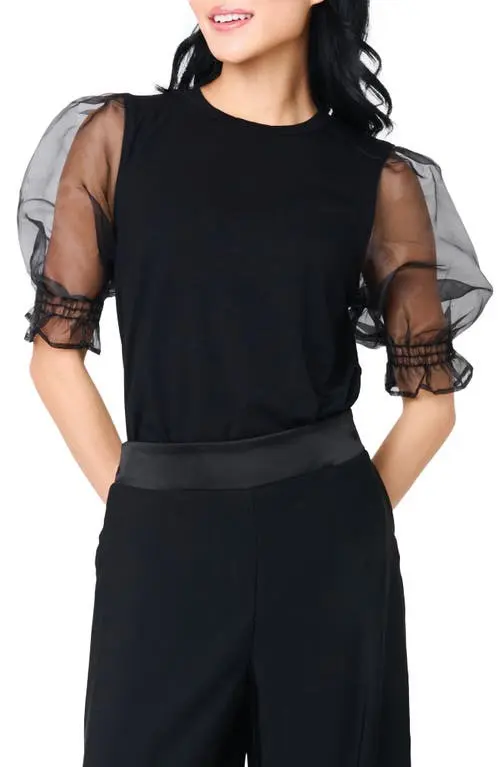 GIBSONLOOK Mixed Media Organza Puff Sleeve Ponte Top