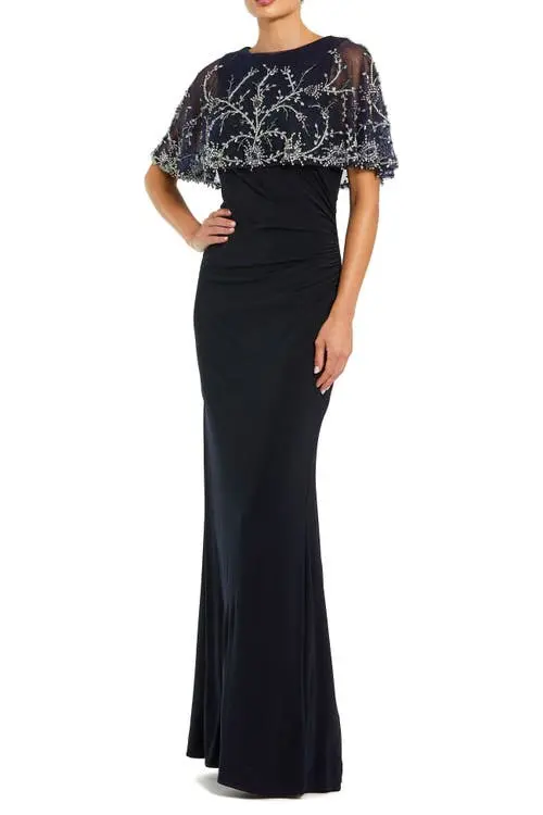 Mac Duggal Fitted Jersey Embellished Cape Gown - Midnight