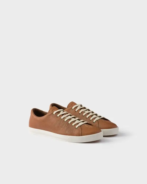 Prada Aged-effect Leather Low Top Sneakers - Cognac