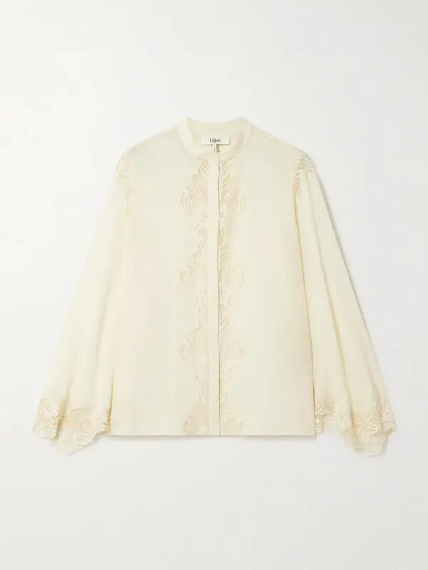 Chloé Embroidered Lace-trimmed Silk-georgette Blouse - Cream