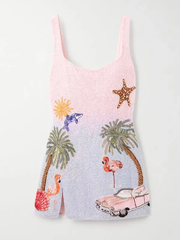 CLIO PEPPIATT Miami Embellished Beaded Tulle Mini Dress - Pink
