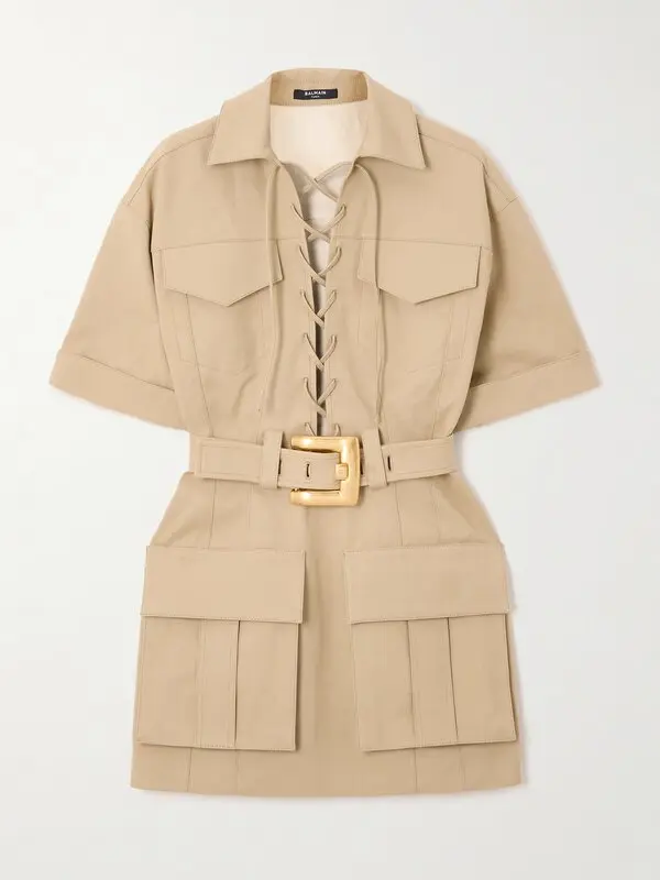 Balmain Belted Cotton-gabardine Mini Dress - Neutrals