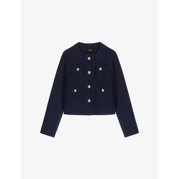 Maje Patch-pocket Tweed Jacket With Removable Collar - Navy