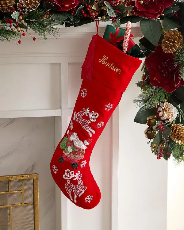 SUDHA PENNATHUR Beaded Santa And Reindeer Velvet Christmas Stocking, Personalized - Noclr
