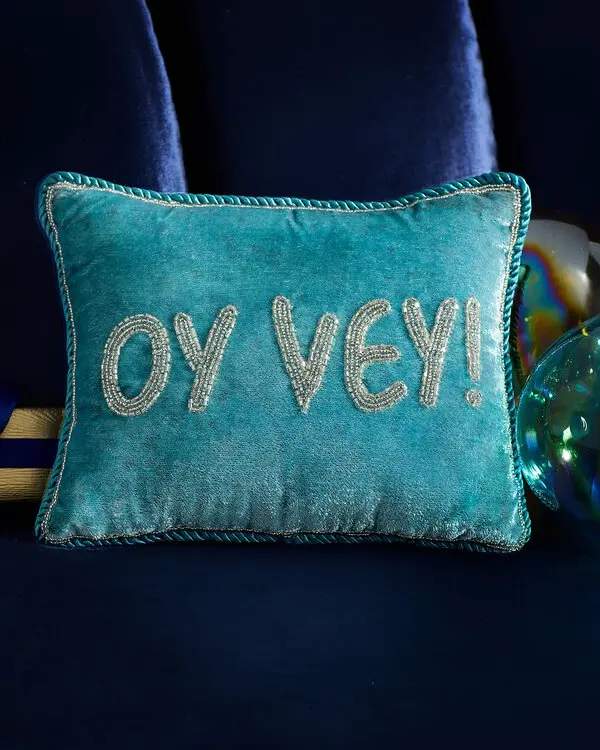 SUDHA PENNATHUR Beaded Oy Vey Velvet Hanukkah Pillow, 8" X 10