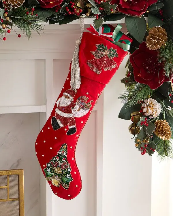 SUDHA PENNATHUR Beaded Santa And Tree Velvet Christmas Stocking - One-color
