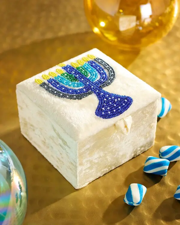 SUDHA PENNATHUR Beaded Menorah Velvet Hanukkah Box