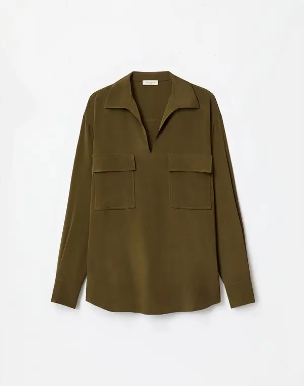 Lafayette 148 New York Collared Popover Blouse - Forage Green