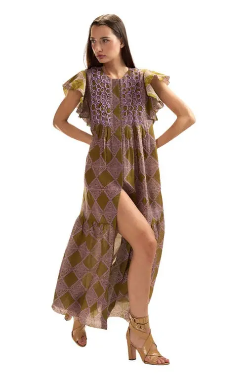 Cynthia Rowley Ramie Midi Pintuck Kaftan - Amber Green/lavender
