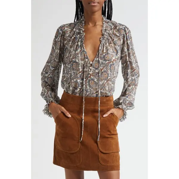 Veronica Beard Paisley Print Silk Blend Tie Neck Shirt - Dove Multi