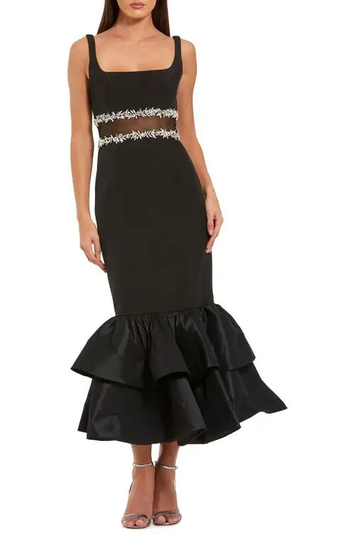 Mac Duggal Crepe Ruffle Hem Midi Dress With Beading