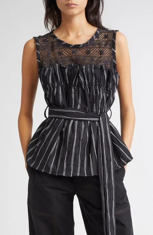 KÚR Bobbin Lace Yoke Stripe Belted Top