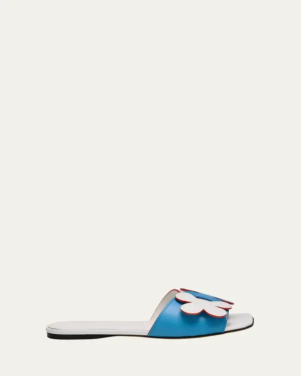 Marni Flower Leather Slide Sandals - Blue Pattern