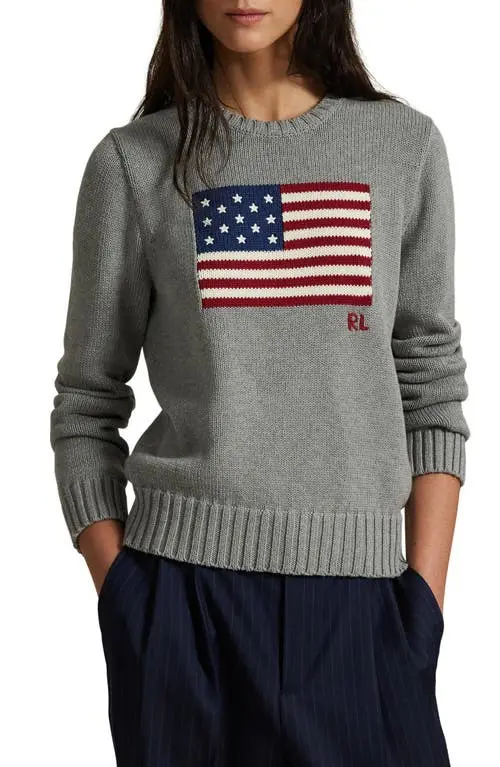 Ralph Lauren Flag Intarsia Cotton Crewneck Sweater - Drift Grey Melange