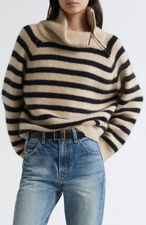NILI LOTAN Raelynn Stripe Turtleneck Cashmere Sweater - Parchment/black Stripe