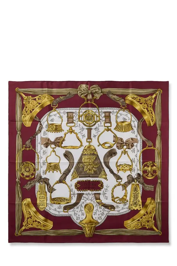Hermès Burgundy & Multicolor 'etriers' Silk Scarf 90 - Multi